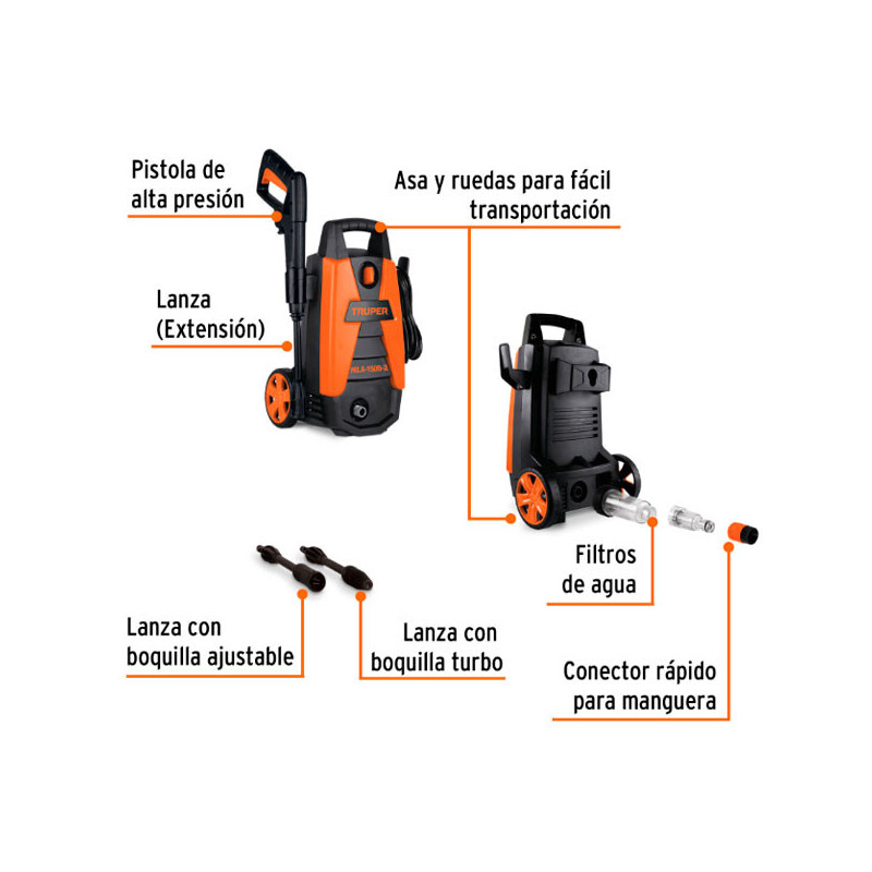 Hidrolavadora 1400W 1.9HP 1500PSI 1.2GMP Sistema Para Automatico, Truper 102095