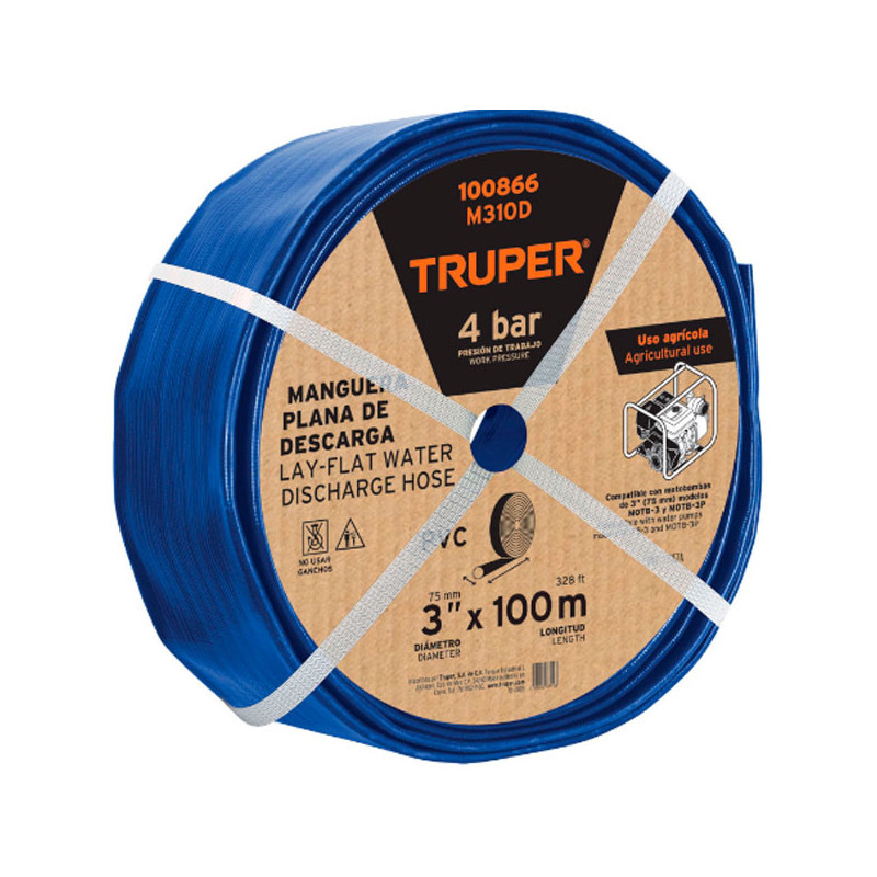 Rollos Mangueras Plana 3" x100m Descarga para motobombas Truper 100866