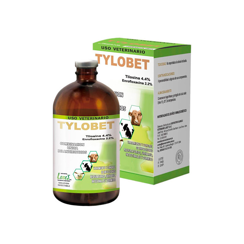 Tylobet 100ml Tilosina tartrato Enrofloxacina Antibiotico Inyectable, Labet